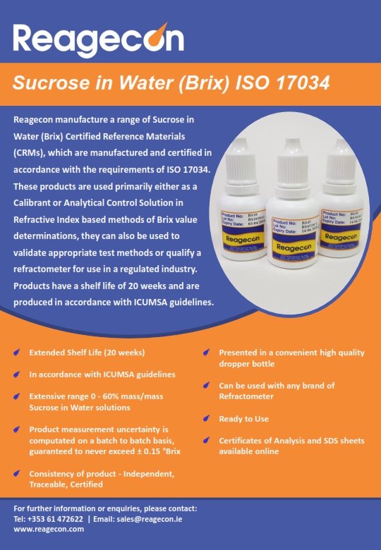 Sucrose in Water Standards (Brix) ISO 17034 | Reagecon